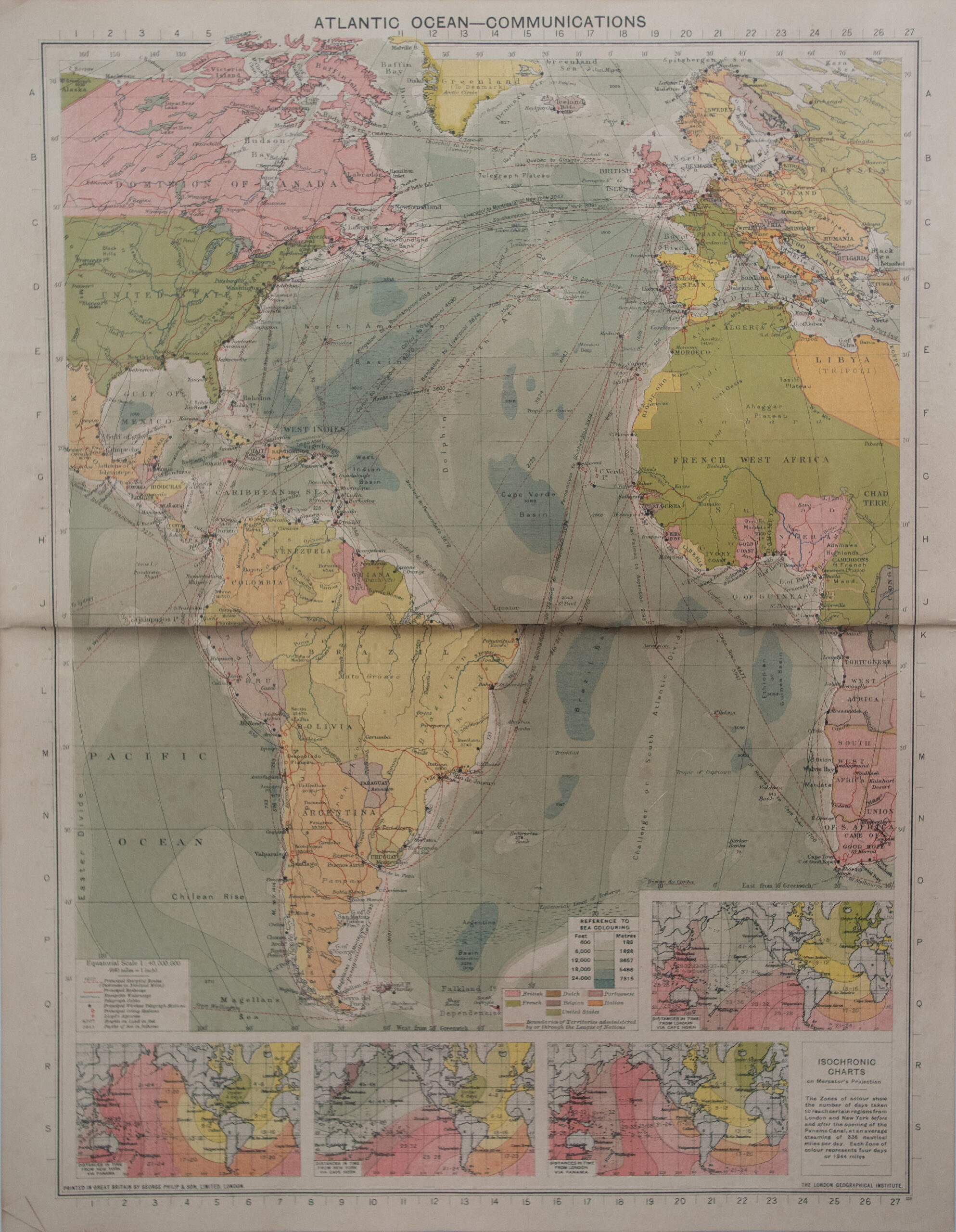 Antique Map of Atlantic Ocean Communications with Isochronic Charts ...